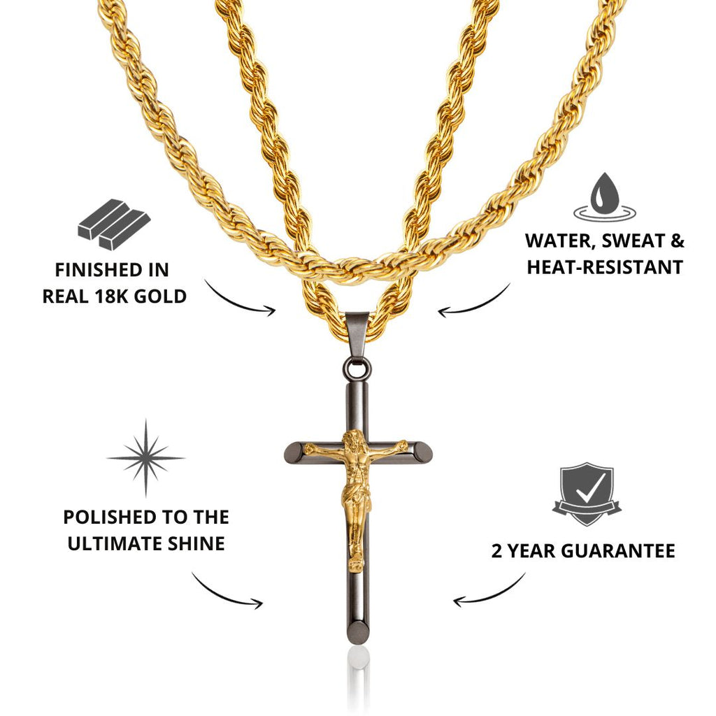 Men's Gun Metal & Gold Crucifix x Rope Set | VIRAGE London